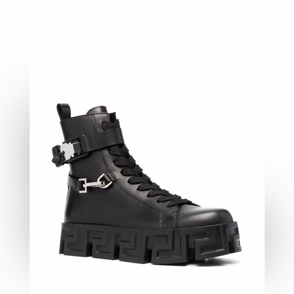 Versace | Shoes | Versace Greca Labyrinth Leather Boots Black 435 ...